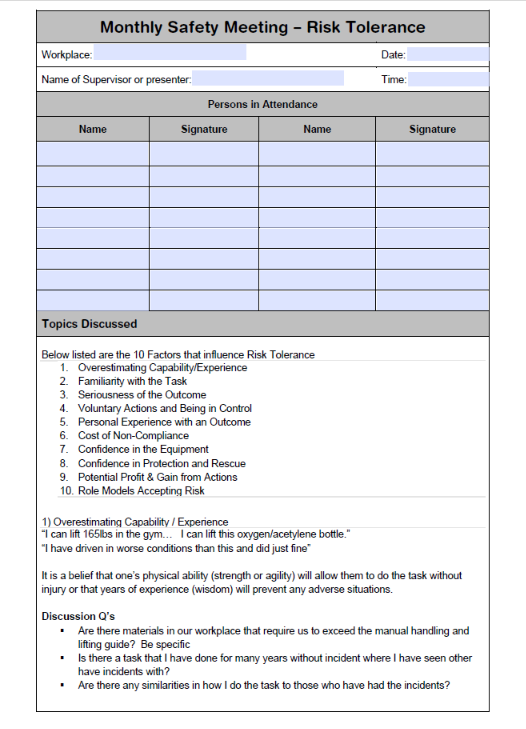 Safety Doc Download | Risk Tolerance Meeting Template – The Safety Doc Shop