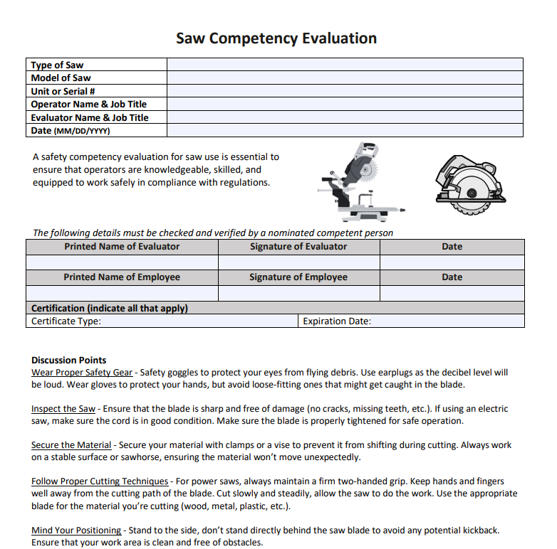 Template - Competency Evaluation for Saw – The Safety Doc Shop