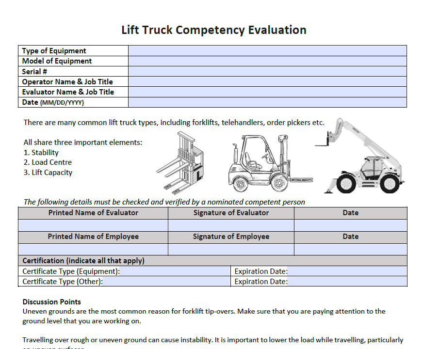 Template -Competency Evaluation for Lift Trucks – The Safety Doc Shop