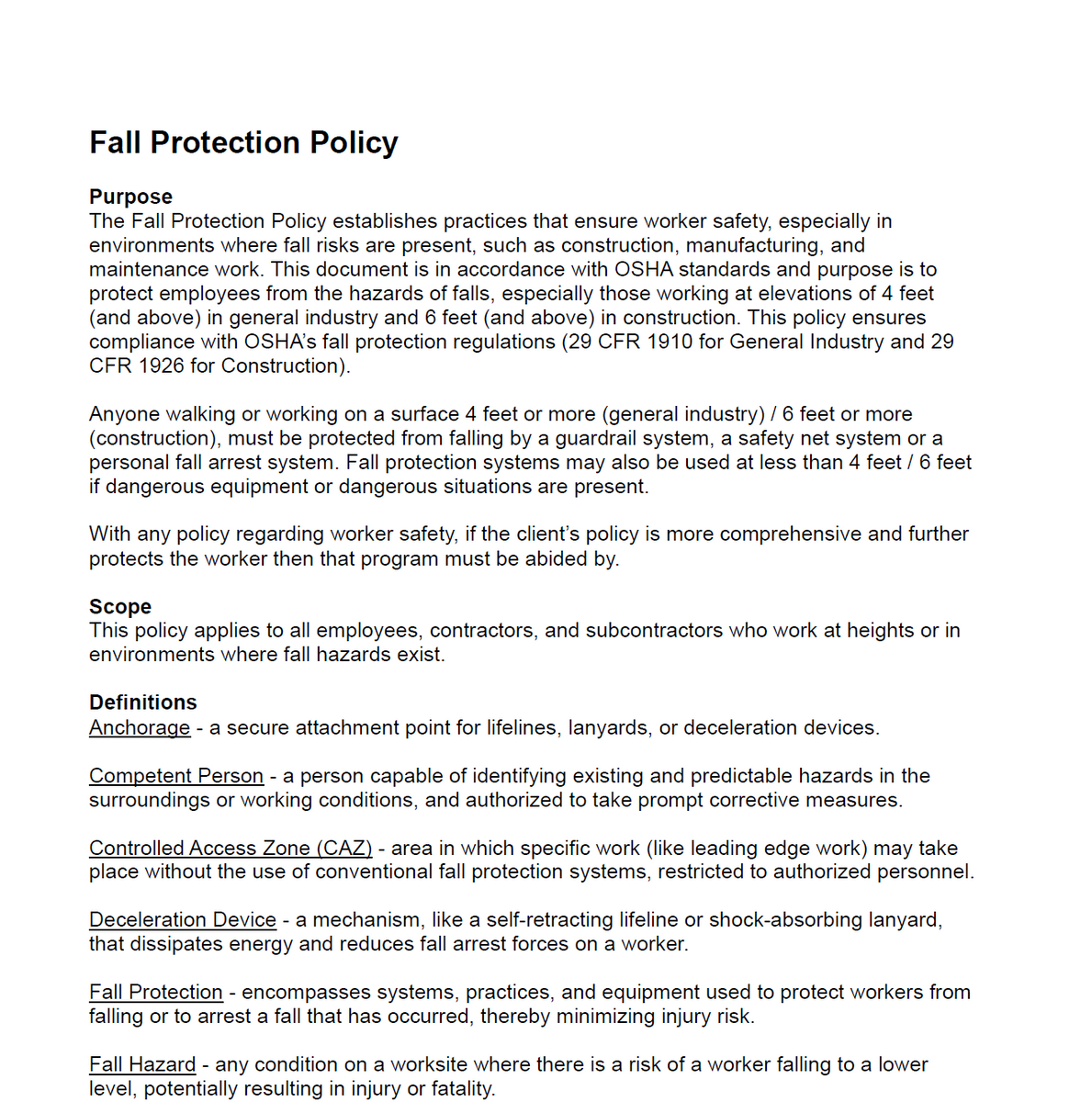 Policy - Fall Protection Policy & Procedure - American OHSA – The ...