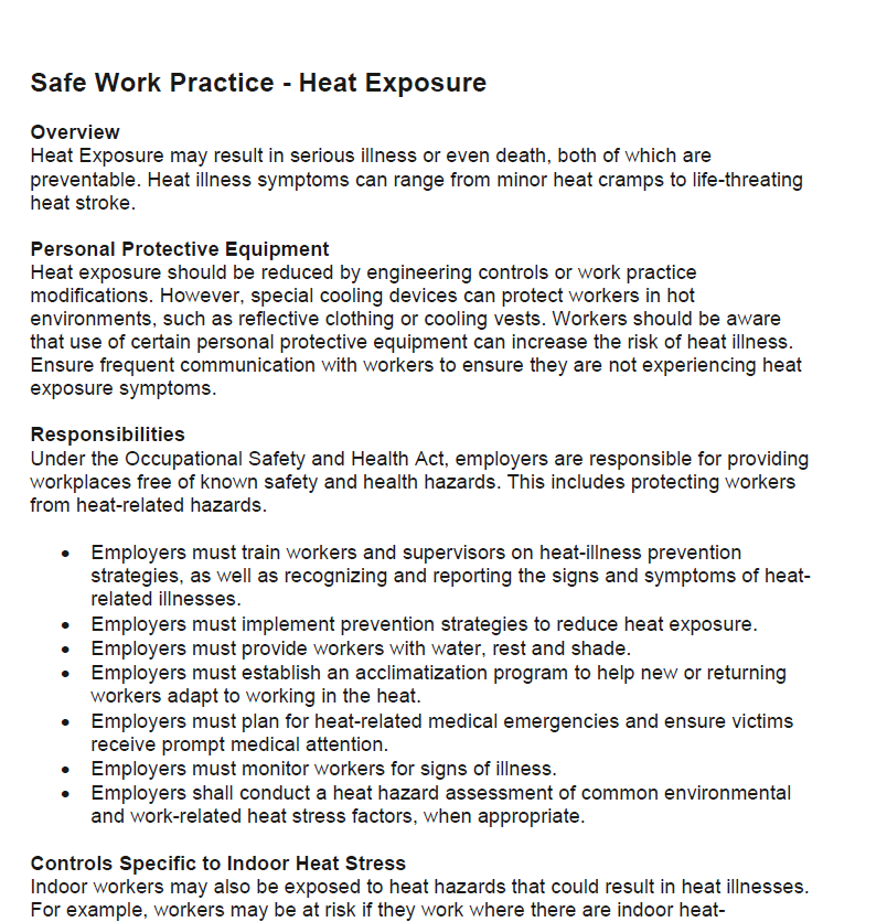 Safe Work Practice - Heat Exposure (OHSA) – The Safety Doc Shop