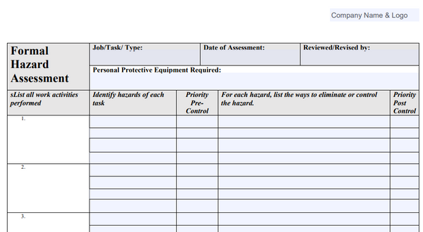 Hazard Assessment Form Template